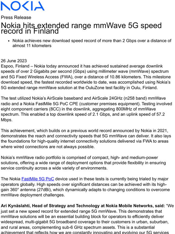 Withings: Nokia hits extended range mmWave 5G speed record in Finland ...
