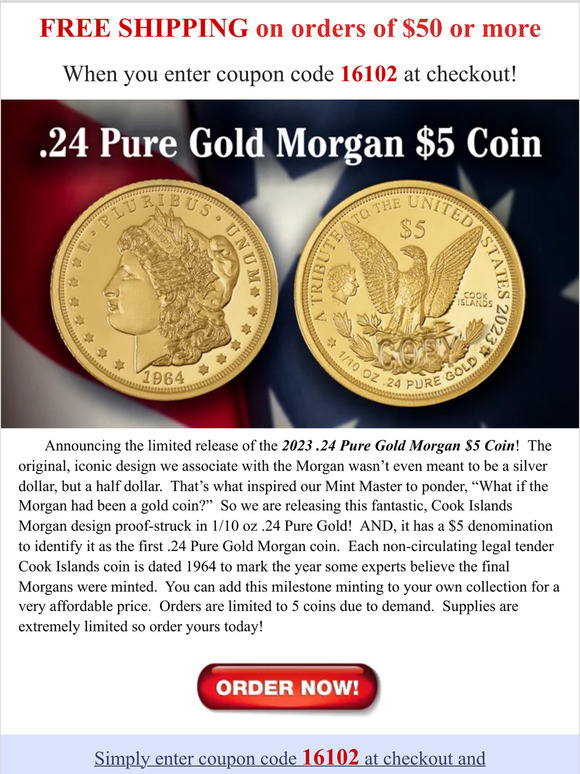 National Collector's Mint: Free Shipping! ★ 2023 .24 Pure Gold Morgan ...