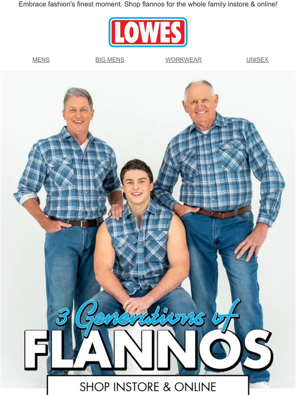 Lowe's: 🙌 Flannos for Every Generation! The Timeless Trend Available Instore & Online 👦🧔‍♂️👴 ...