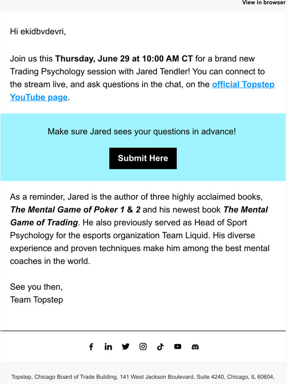 Topstep: [THIS THURSDAY] Live Q&A with Jared Tendler! | Milled