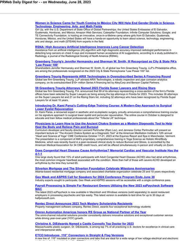 PRWeb: PRWeb Daily Digest for — — on Wednesday, June 28, 2023 | Milled
