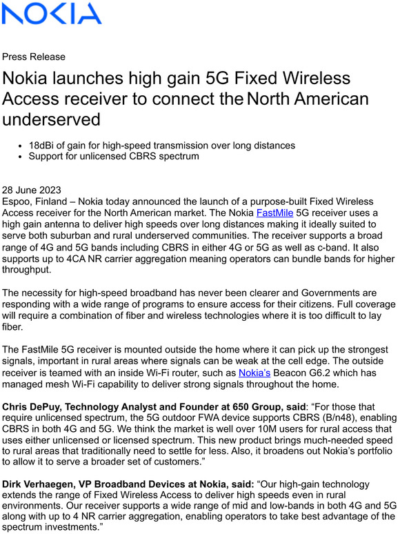 Withings: Nokia launches high gain 5G Fixed Wireless Access receiver to connect the North ...