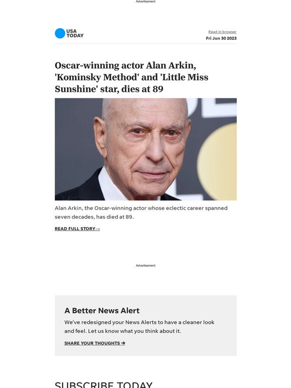 USA TODAY: News alert: Alan Arkin has died at 89. The Oscar-winning ...