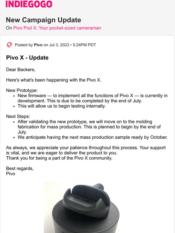 Indiegogo: 📢 Update #16 from Pivo Pod X: Your pocket-sized cameraman ...