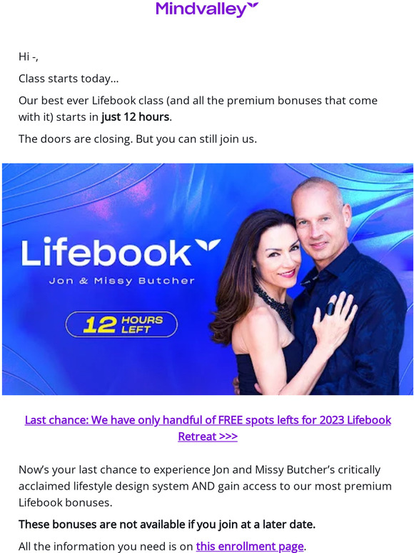 Mindvalley (US & CA): 12 hours left to claim your FREE spot in Lifebook ...