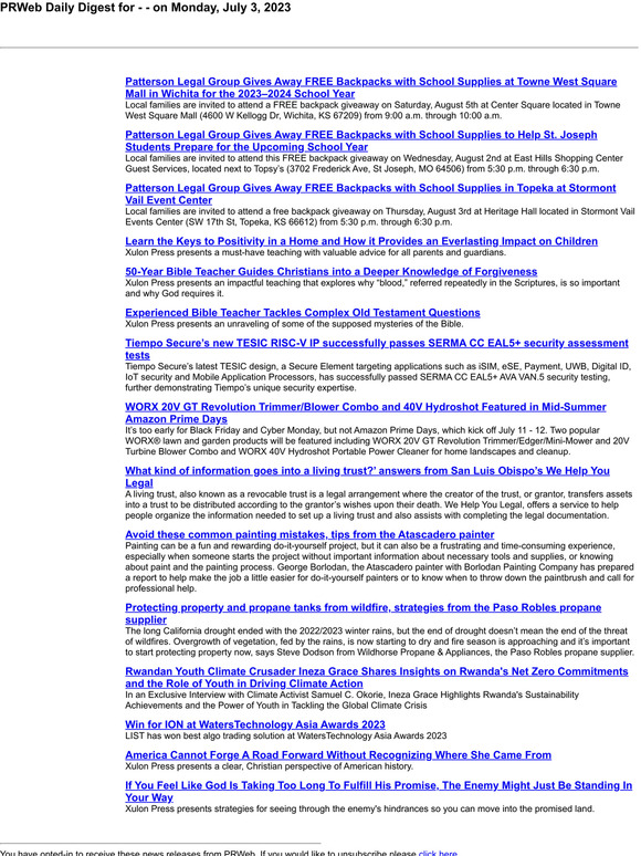 PRWeb: PRWeb Daily Digest for — — on Monday, July 3, 2023 | Milled