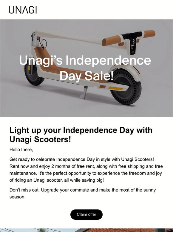 Unagi Scooters: 🧨 Light up Independence Day with 2 months FREE rentals ...