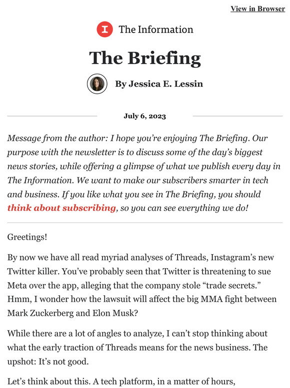 The Information: The Briefing: Why Threads Is Bad for the News Business ...