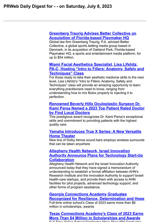 PRWeb: PRWeb Daily Digest for — — on Saturday, July 8, 2023 | Milled