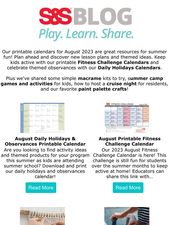 S&S Worldwide: August Printable Calendars + Summer Crafts & Activities ...