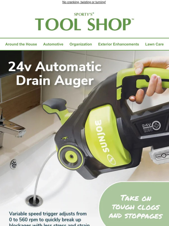 Sporty's Tool Shop: 24v Cordless Drain Auger - Power Through Tough ...