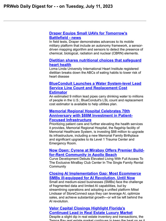 PRWeb: PRWeb Daily Digest for — — on Tuesday, July 11, 2023 | Milled