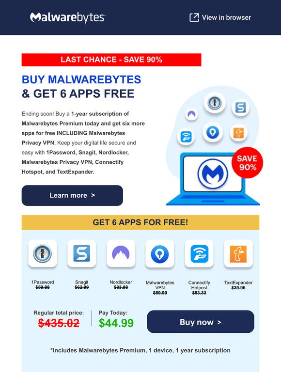 Malwarebytes: 🚨12 hrs left! 🚨 Get 90% off Malwarebytes and 6 extra apps ...