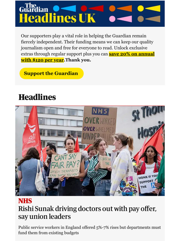 The Guardian: The Guardian Headlines: Rishi Sunak driving doctors out ...