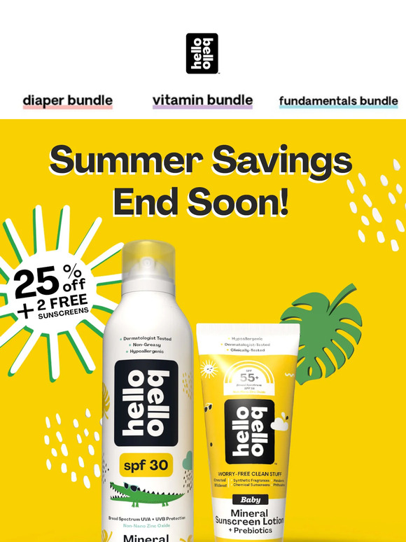 Hello Bello: Last chance! 25% off + 2 FREE sunscreens | Milled