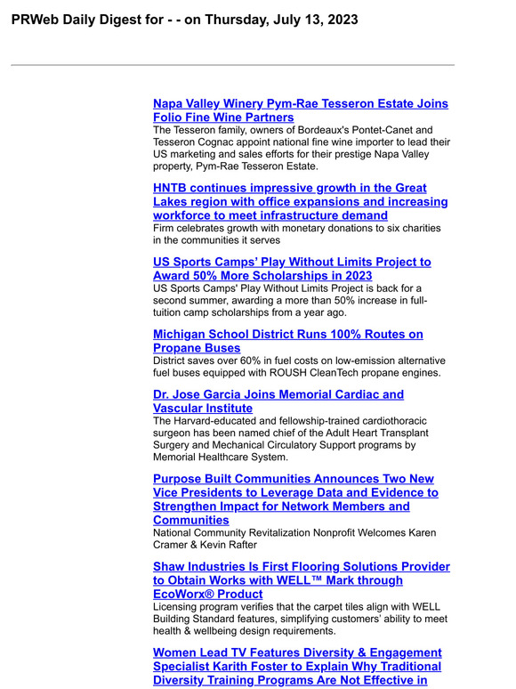 PRWeb: PRWeb Daily Digest for — — on Thursday, July 13, 2023 | Milled