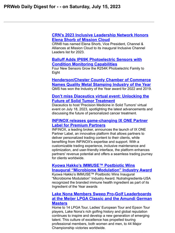 PRWeb: PRWeb Daily Digest for — — on Saturday, July 15, 2023 | Milled