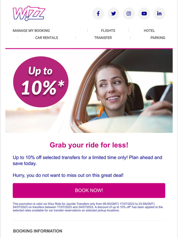 Wizz Air: 10% off with WIZZ Ride for a limited time only. 🚗 | Milled