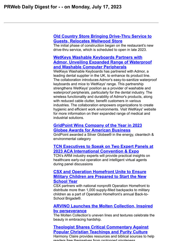 PRWeb: PRWeb Daily Digest for — — on Monday, July 17, 2023 | Milled