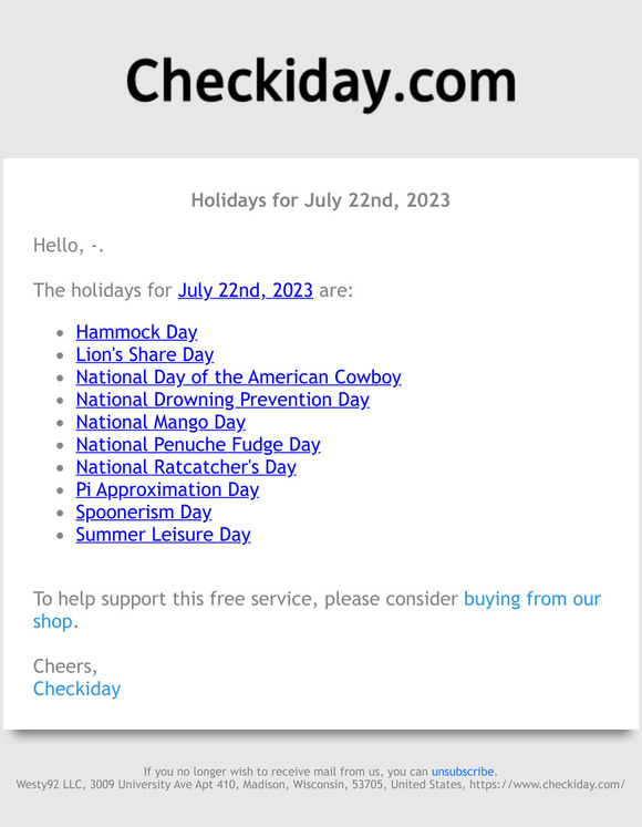 Checkiday: Holidays for July 22nd, 2023! 📅🎉 | Milled