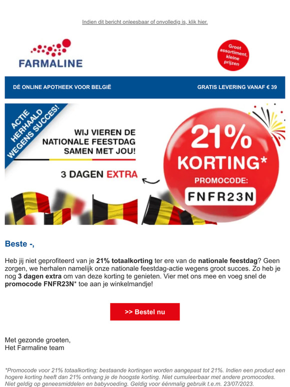 Farmaline: —, 21% korting voor de nationale feestdag van België | Milled