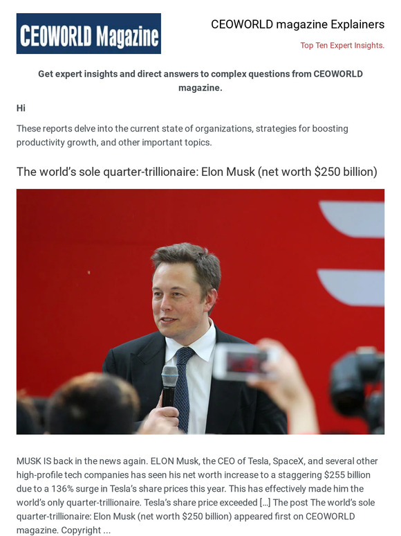 CEOWORLD Magazine: The world’s sole quarter-trillionaire: Elon Musk (net worth $250 billion ...