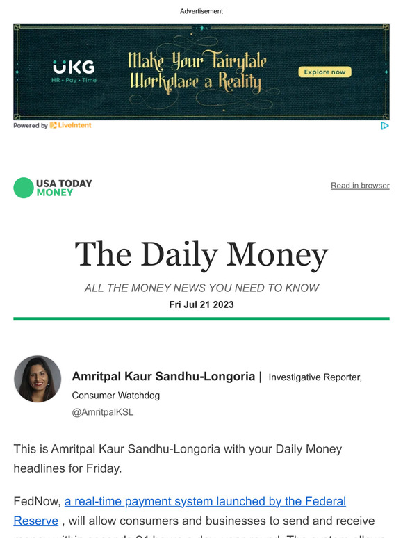 USA TODAY: The Daily Money: Fed launches real-time payment system; June ...