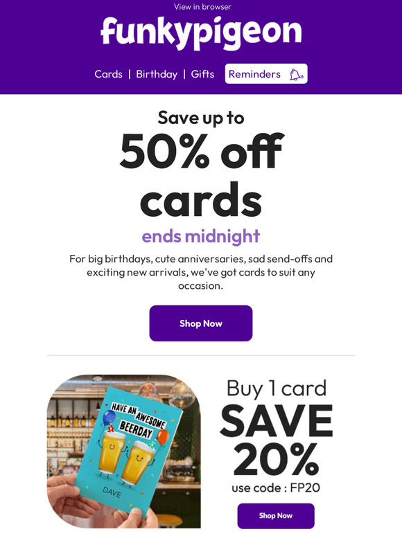 Funky Pigeon: Half price cards this way! 👉 | Milled