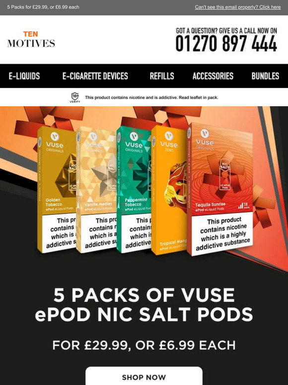Ten Motives: 5 Packs of Vuse ePod Nic Salt Pods for £29.99, or £6.99 ...
