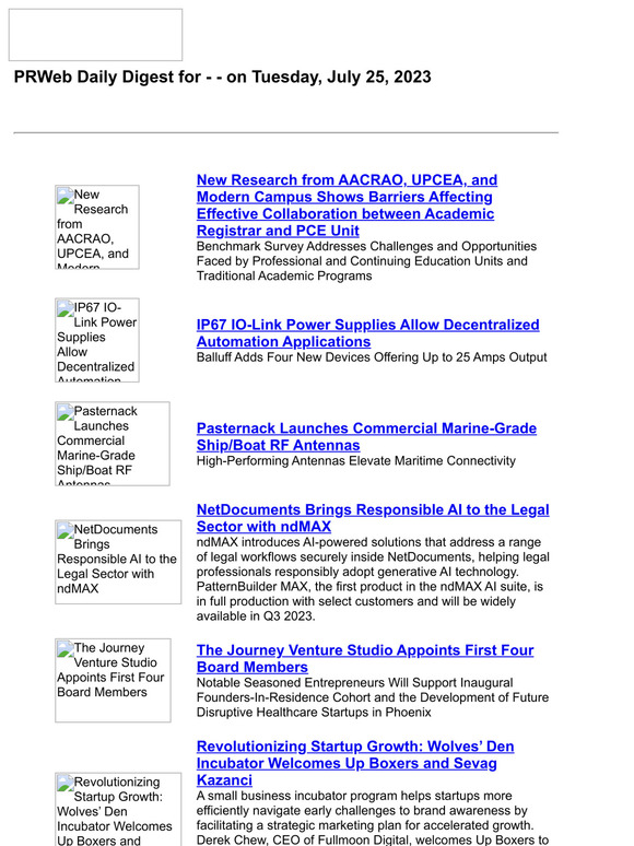 PRWeb: PRWeb Daily Digest for — — on Tuesday, July 25, 2023 | Milled