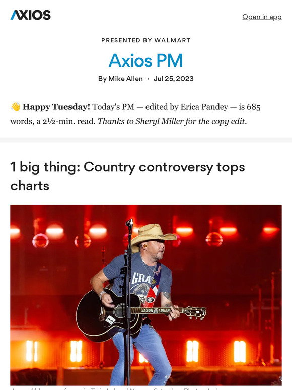 Axios: 🎸 Axios PM: Country's controversial chart-topper | Milled