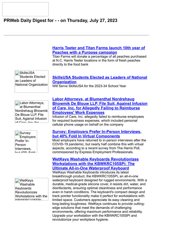 PRWeb: PRWeb Daily Digest for — — on Thursday, July 27, 2023 | Milled