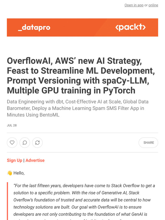 Packt: OverflowAI, AWS’ new AI Strategy, Feast to Streamline ML Development, Prompt Versioning ...
