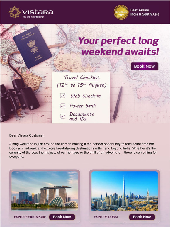 airvistara: Long weekend approaching! | Milled