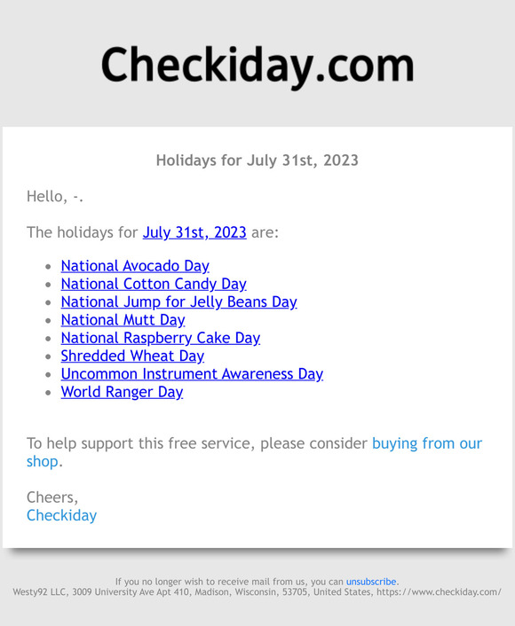 Checkiday: Holidays for July 31st, 2023! 📅🎉 | Milled