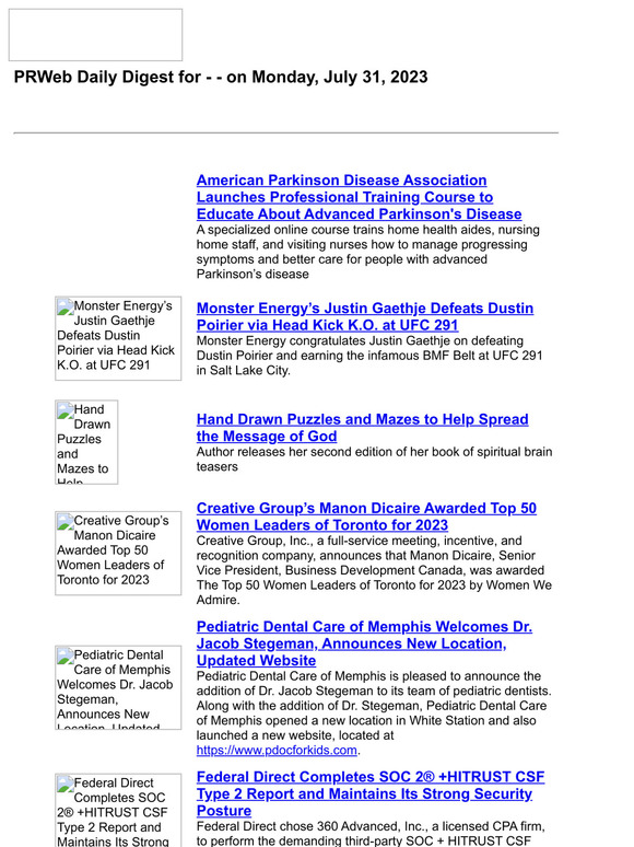 PRWeb: PRWeb Daily Digest for — — on Monday, July 31, 2023 | Milled