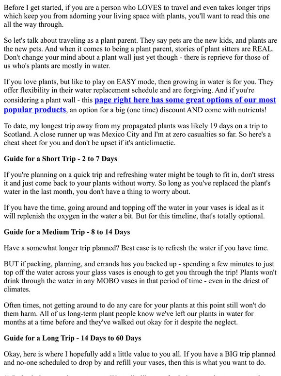 Modern Botanical: 🌴 Vacation Cheat Sheet for Plants in Water 🌴 | Milled