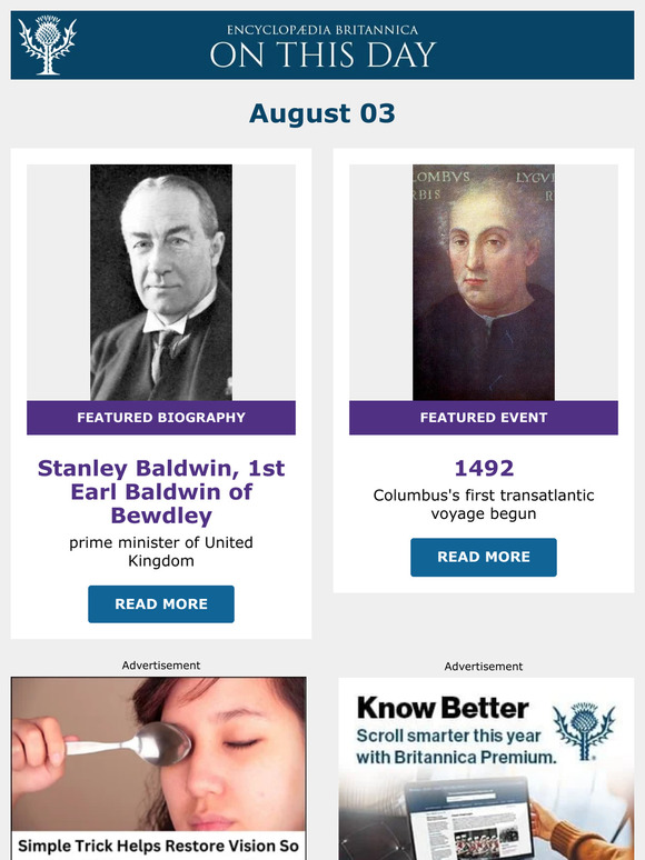 Brittanica: Columbus's first transatlantic voyage begun, Stanley ...