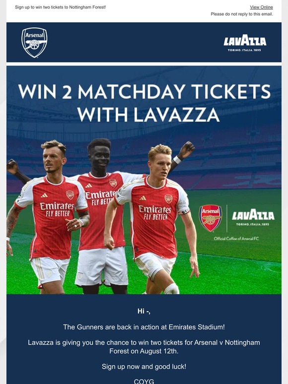 Arsenal Direct: —, win 2 matchday tickets with Lavazza! | Milled