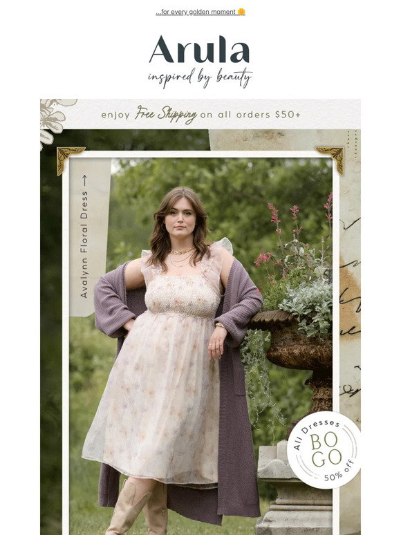Arula: BOGO 50% off all Dresses | Milled