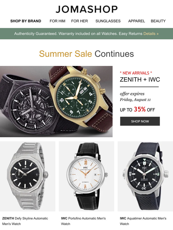 Jomashop: ZENITH & IWC BULOVA CALVIN KLEIN SUMMER FRAGRANCES & MORE ...