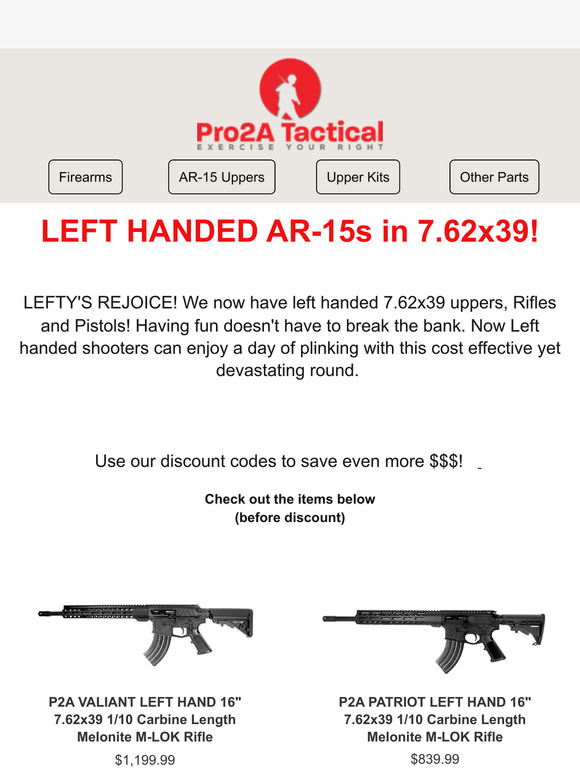 Pro2A Tactical: LEFT HANDED 7.62x39 AR-15 Rifles, Pistols, Uppers ...