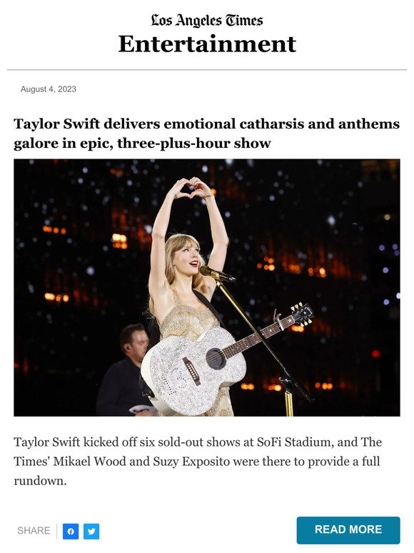 Los Angeles Times: Taylor Swift delivers catharsis in epic SoFi show ...