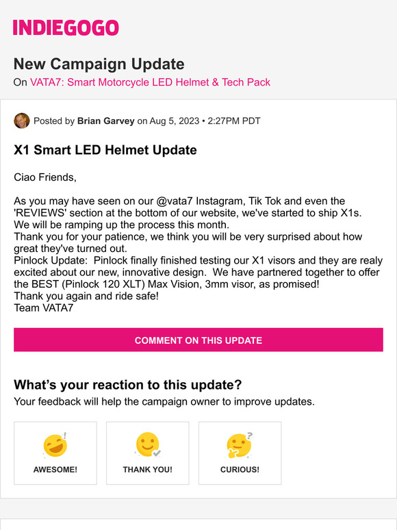 Indiegogo: 📢 Update #15 from VATA7: Smart Motorcycle LED Helmet & Tech Pack | Milled