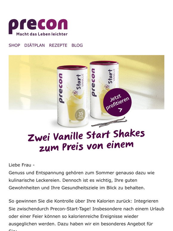 Precon: Zwei Vanille Start Shakes zum Preis von einem! Gleichen Sie ...