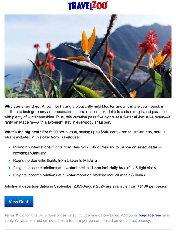 Travelzoo: $999—Madeira 5-star all-inclusive escape from NYC | Milled