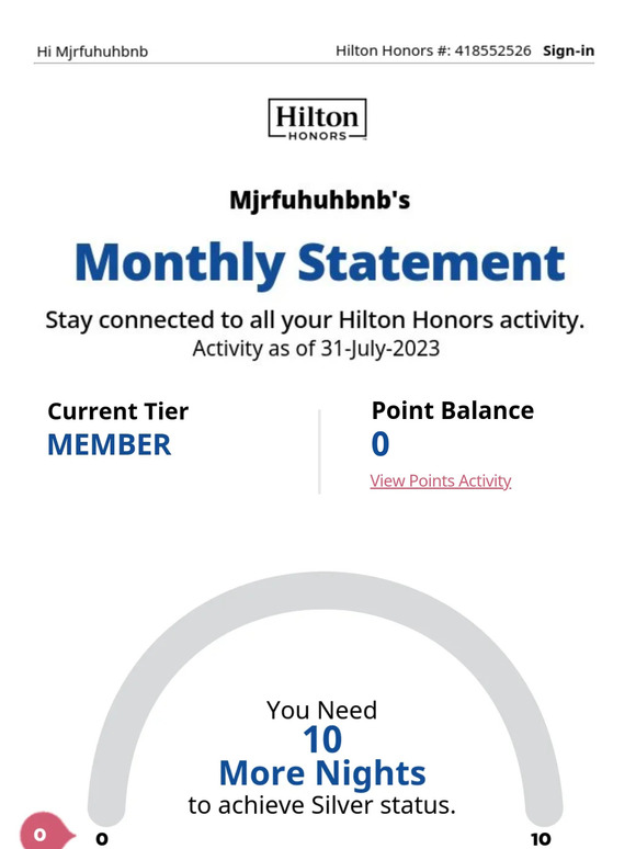 Hilton: Your August Hilton Honors Monthly Statement | Milled