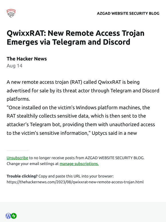 ARANET LLC.: [New post] QwixxRAT: New Remote Access Trojan Emerges via ...