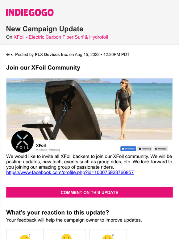 Indiegogo: 📢 Update #26 from XFoil - Electric Carbon Fiber Surf & Hydrofoil | Milled