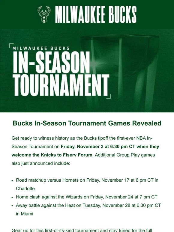 Bucks Pro Shop: First-Ever In-Season Tournament Games Revealed | Milled